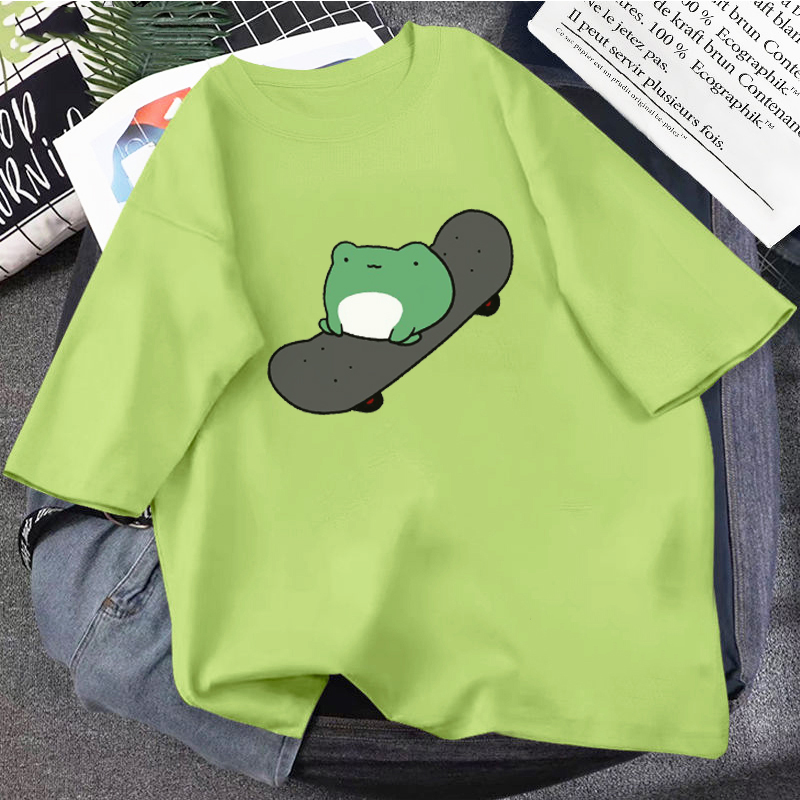 Skate Frog Dinosaur Cute Graphic Tee T Shirt Female Green Aesthetics T