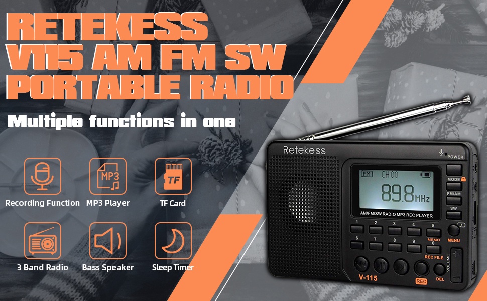 Retekess V115 Portátil AM FM Radio Y Reproductor MP3 Con Soporte De ...