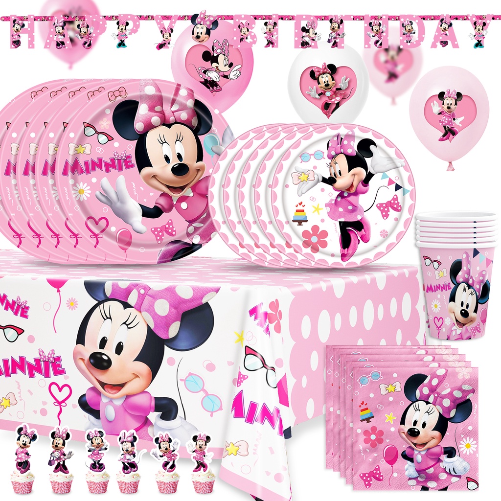 Pink Minnie Mouse Tema Fiesta De Cumpleaños Suministros Desechables Tazas De Papel Platos Globos ...
