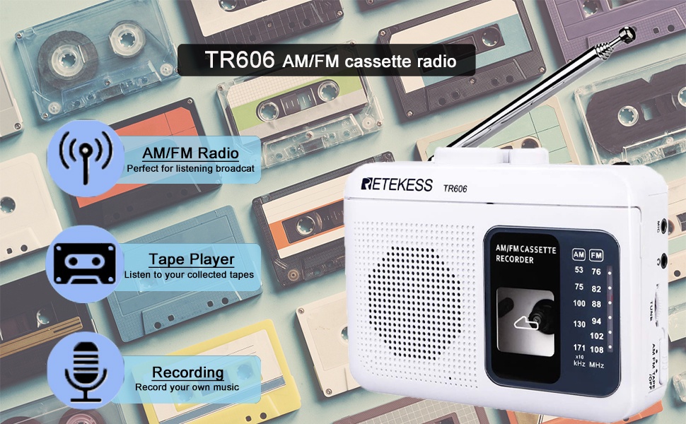 Retekess TR606 Reproducción De Cassette Radio Reproductor FM/AM Portátil Grabadora De Voz ...