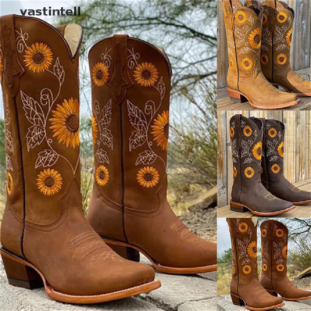 Botas Bordadas Para Mujer Con Estampado De Girasol De Tacón Gruesos ...